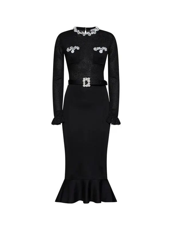 SELF-PORTRAIT Black Knit Midi Dress With Beaded Embroidery - Multicolor