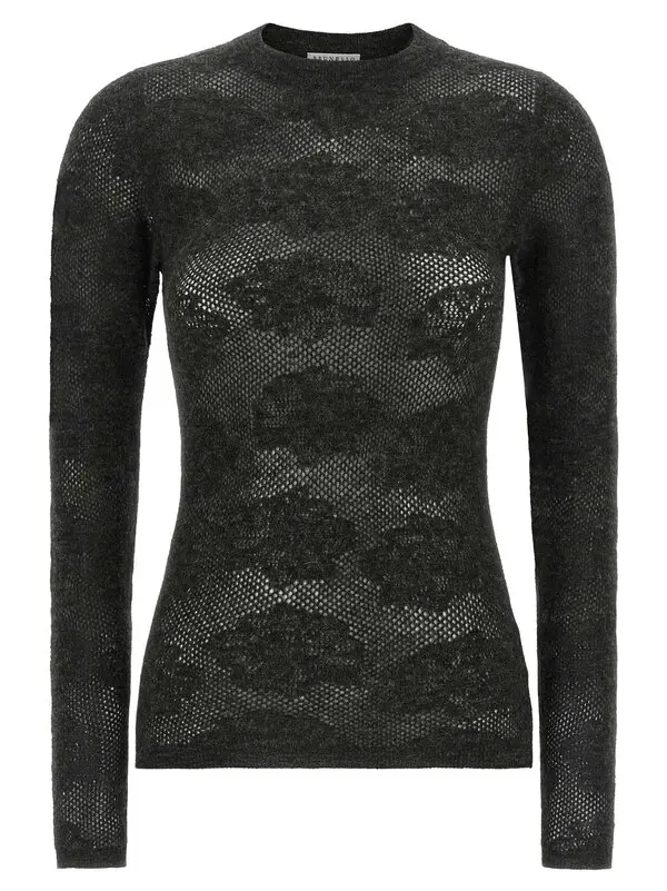 Brunello Cucinelli Flower Lace Sweater - Gray