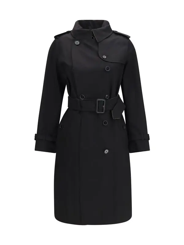 Burberry Long Gabardine Trench Coat With Check Collar - Black