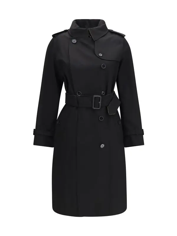 Burberry Long Gabardine Trench Coat With Check Collar - Black