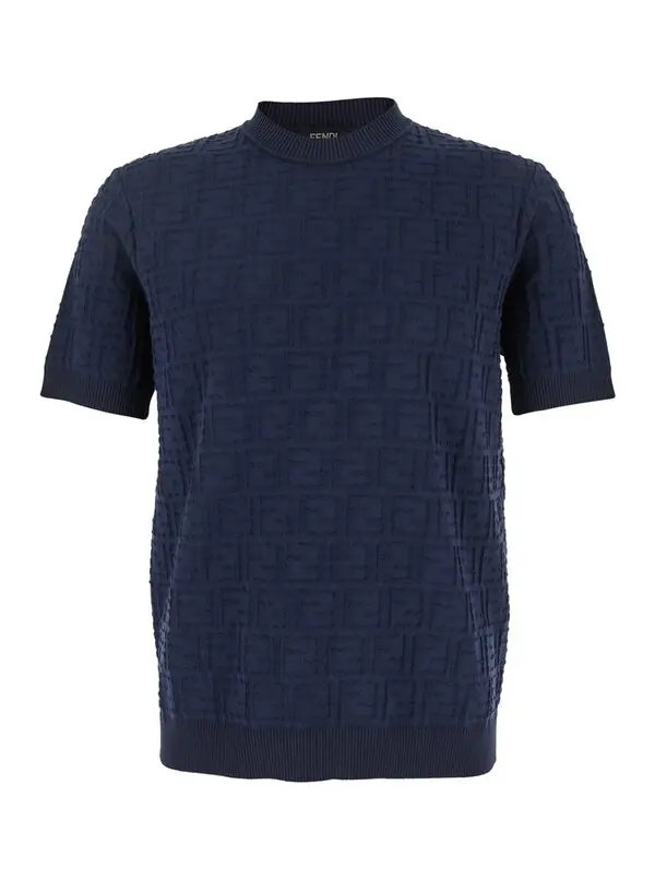 Fendi Blue T-shirt With All-over Ff Logo Embroidery In Cotton For - Multicolor