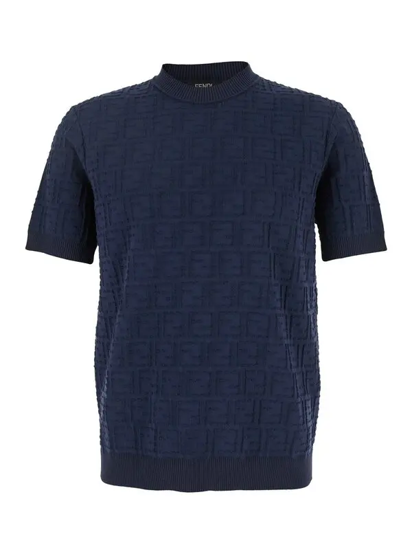 Fendi Blue T-shirt With All-over Ff Logo Embroidery In Cotton For - Multicolor