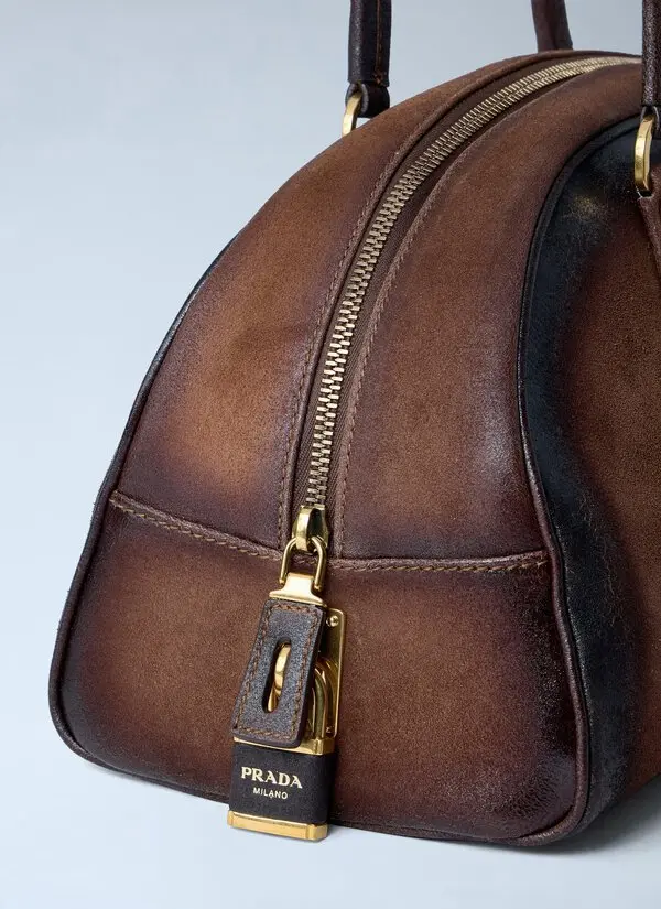 Prada Bowling Medium Suede Handbag - Brown