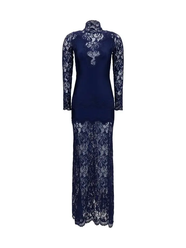 Rabanne Long Lace And Jersey Dress - Blue