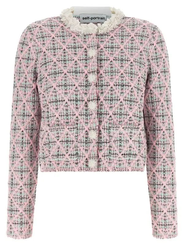 SELF-PORTRAIT Floral Collar Bouclé Cardigan - Pink