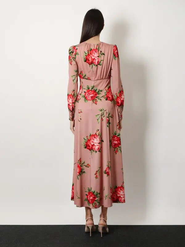 Dolce & Gabbana Long Silk Dress With Bouquet Rose Print - Multicolor