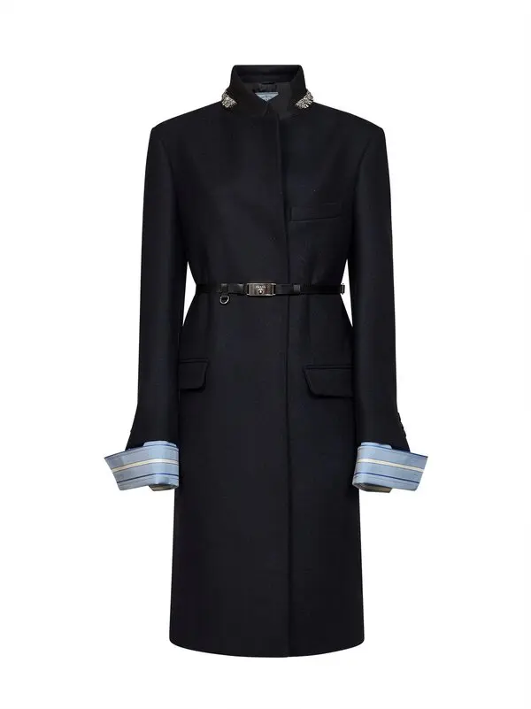 Prada Abbigliamento Blue Virgin Wool Embroidered Belted Coat - Multicolor
