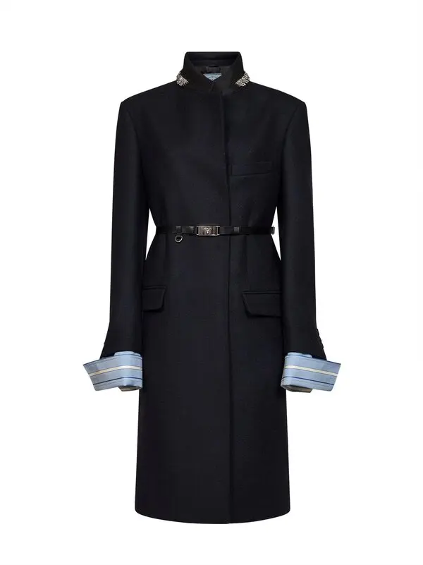 Prada Abbigliamento Blue Virgin Wool Embroidered Belted Coat - Multicolor