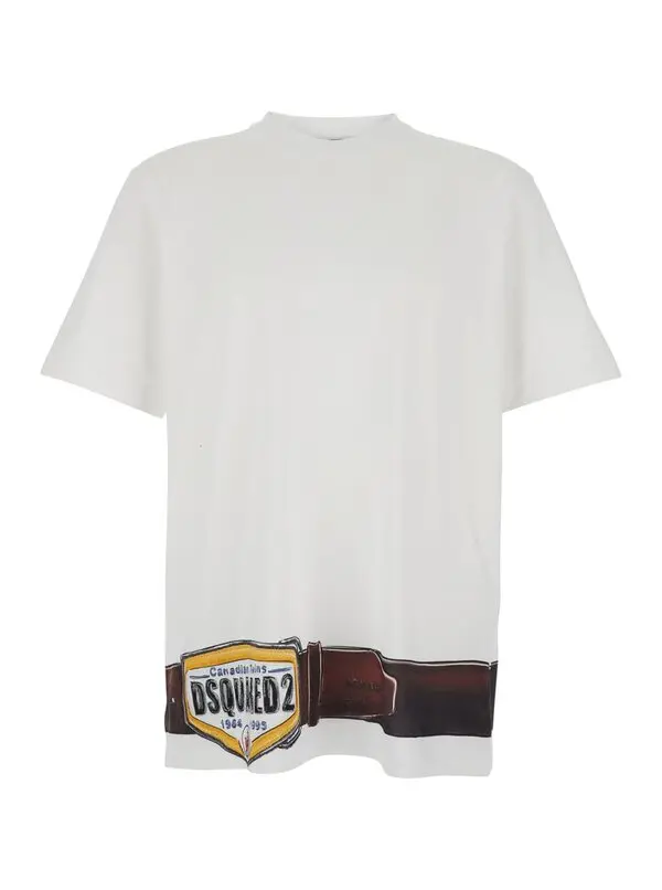 Dsquared2 White Crew Neck T-shirt With Front And Back Print In Cotton For - Multicolor