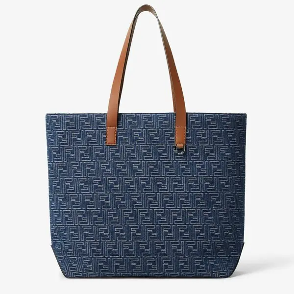Fendi Medium Shopping Bag In Blue Denim-effect Ff Jacquard