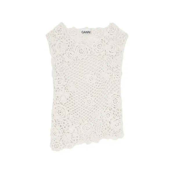 GANNI Organic Cotton Flower Crochet Knit Top - Cream