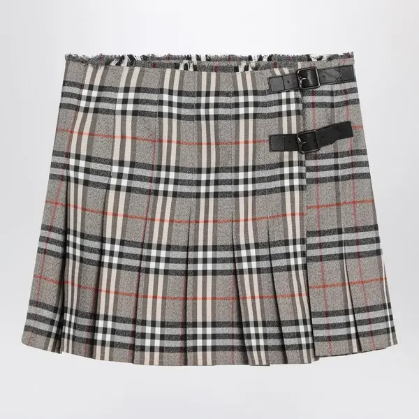 Burberry Grey Wool Kilt Skirt With Check Pattern