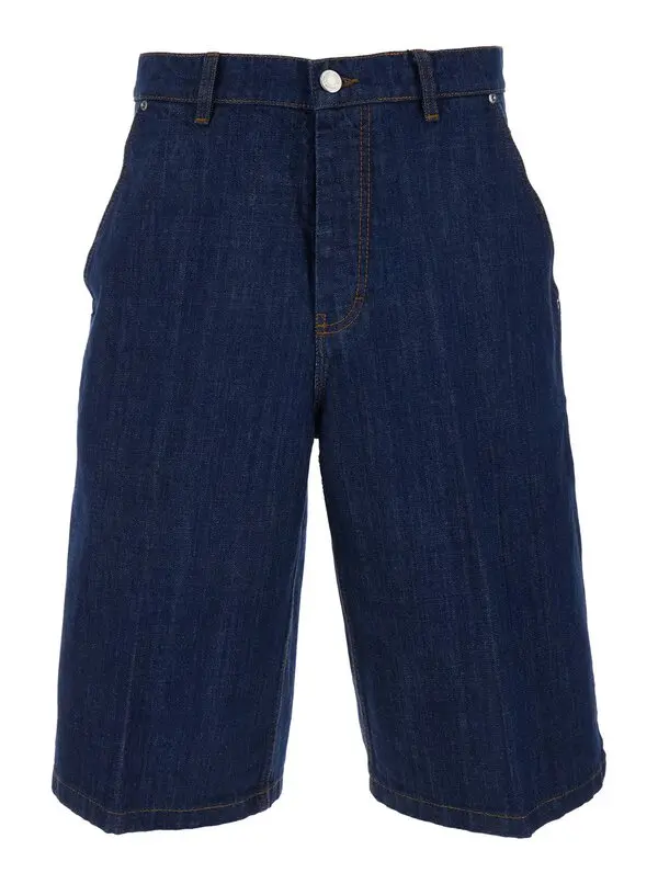 AMI Paris Blue Five-pocket Bermuda Shorts With Logo Patch On The Back In Denim