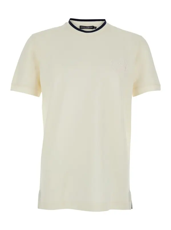 Dolce & Gabbana White Crew Neck T-shirt With Logo On The Front In Tech Fabric - Multicolor