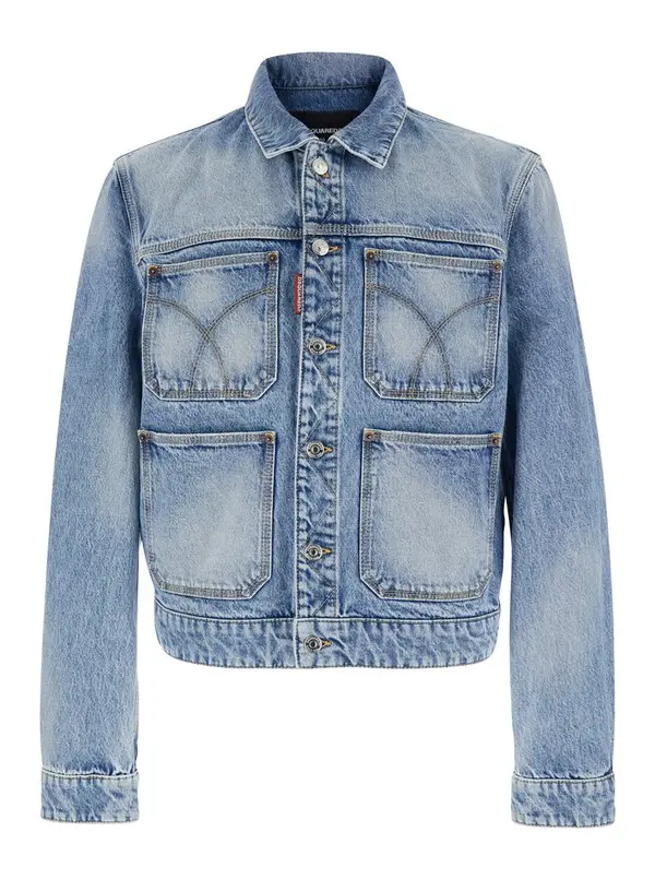 Dsquared2 Light Blue Jacket '70's' With Classic Collar And Four Patch Pockets On The Front In Denim For