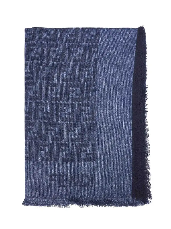 Fendi Silk Denim Blue Cotton And Wool Ff Shawl - Multicolor