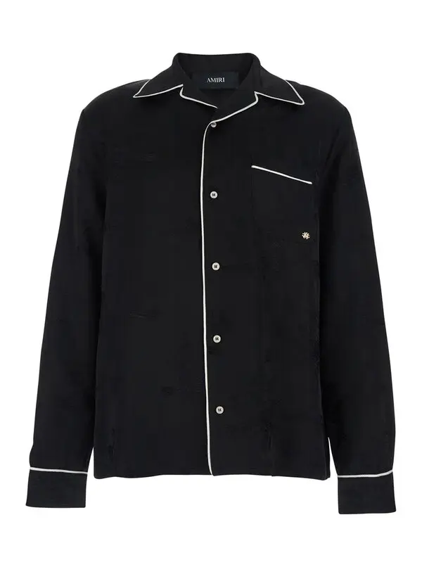 Amiri Black Long-sleeved Shirt With Cuban Collar And Tone-on-tone Floral Embroidery In Viscose For - Multicolor
