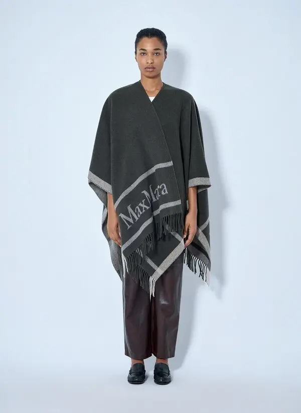 Max Mara Fringed Wrap With Logo Detail - Gray