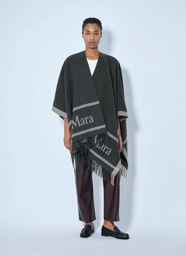 Max Mara Fringed Wrap With Logo Detail - Gray