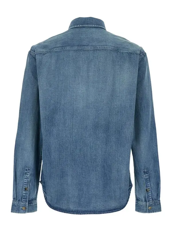 Saint Laurent Shirt With Classic Collar And Cassandre Embroidery On The Front In Light Blue Denim For - Multicolor