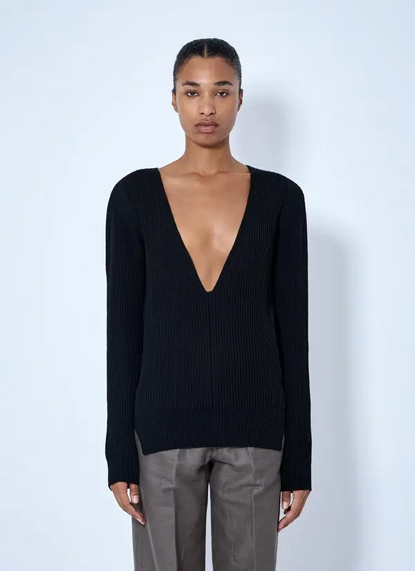 Rick Owens Ribbed Knit Deep V-neck Sweater - Black