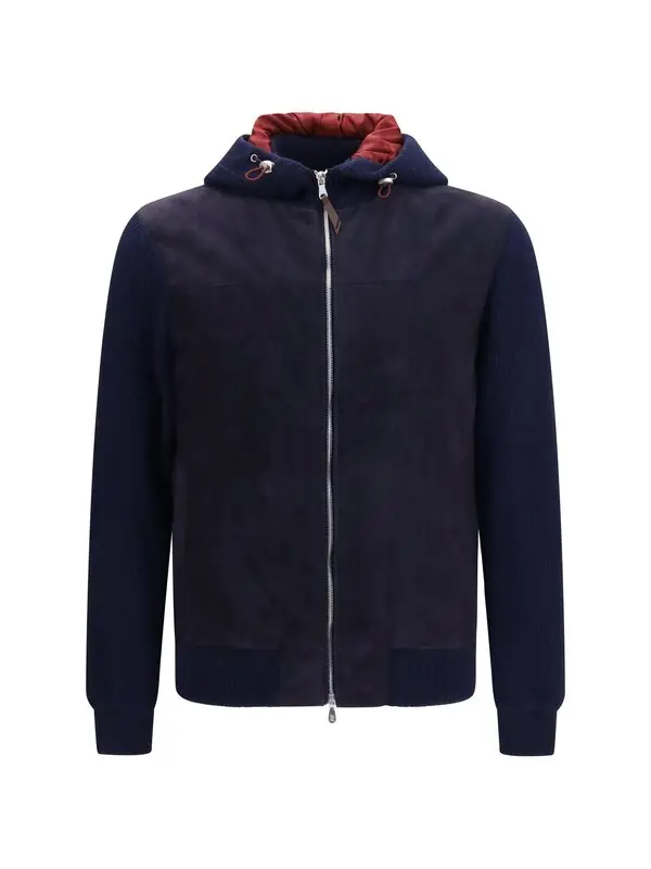Brunello Cucinelli Suede And English Rib Knit Hooded Jacket - Blue