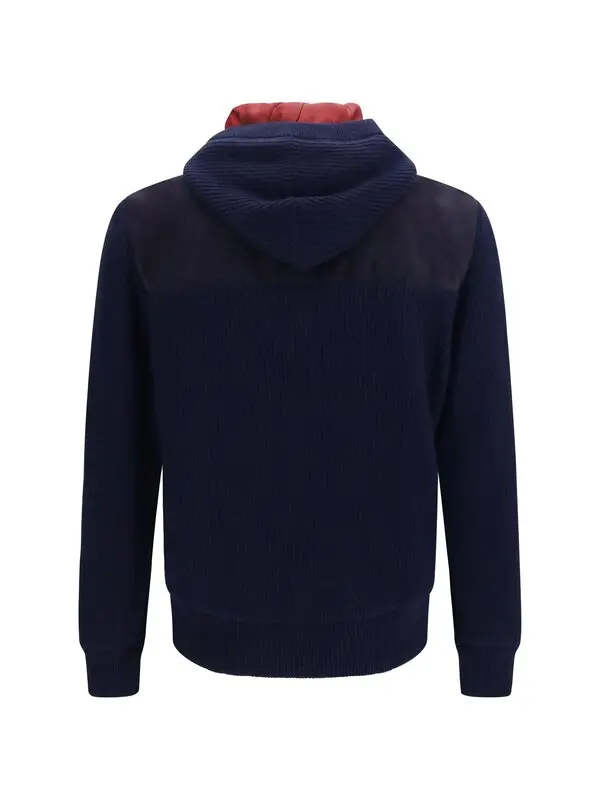 Brunello Cucinelli Suede And English Rib Knit Hooded Jacket - Blue
