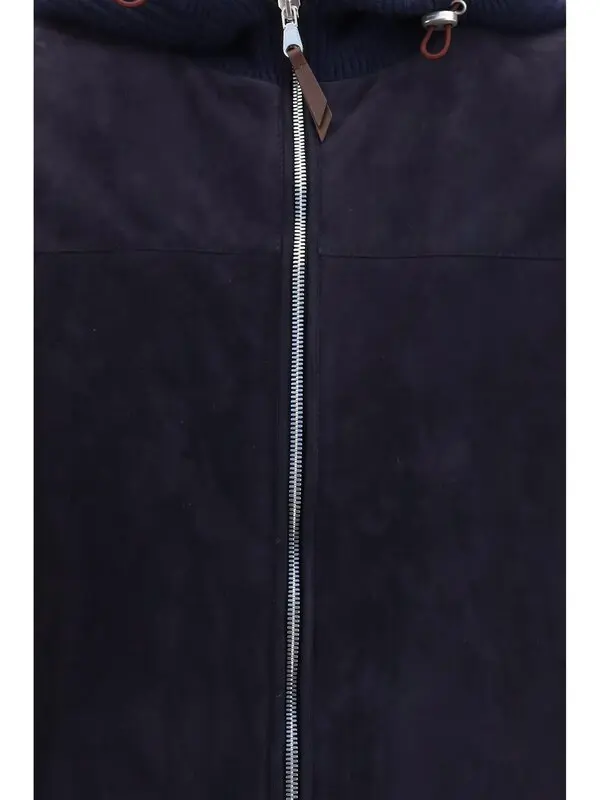 Brunello Cucinelli Suede And English Rib Knit Hooded Jacket - Blue