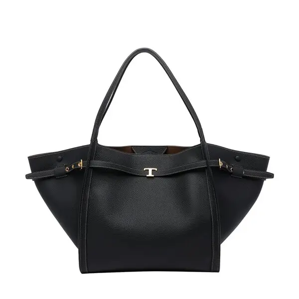 TOD'S Medium Leather Shopping Bag With T Timeless Logo - Black
