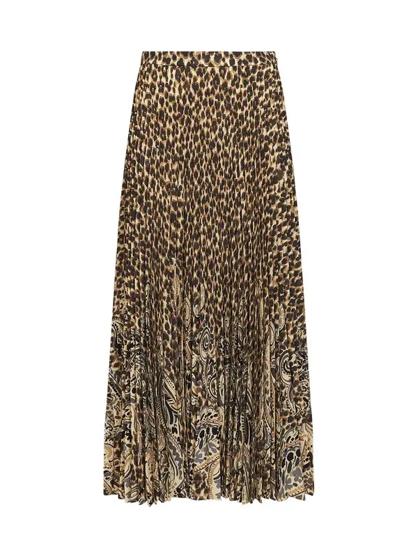 Etro Beige Printed Stretch Sablé Long Pleated Skirt