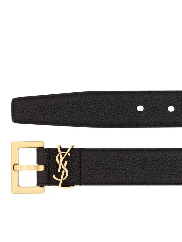 Saint Laurent Cassandre Belt With Square Buckle In Hammered Leather - Black