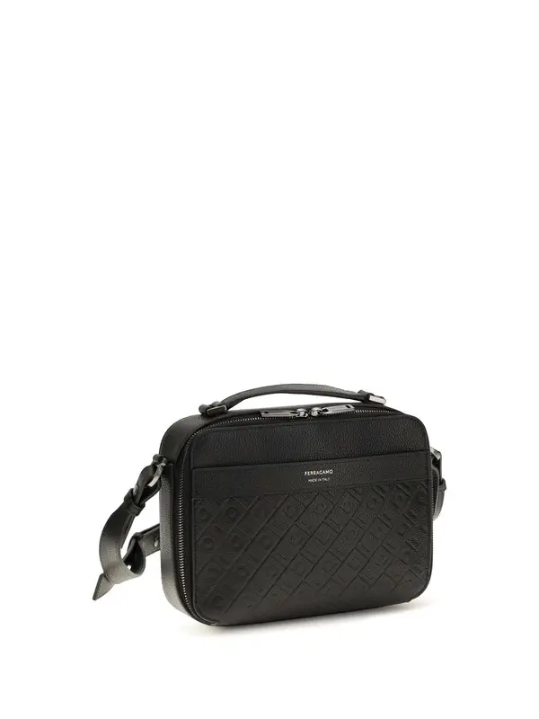 FERRAGAMO Leather Crossbody Bag With Embossed Gancini Pattern