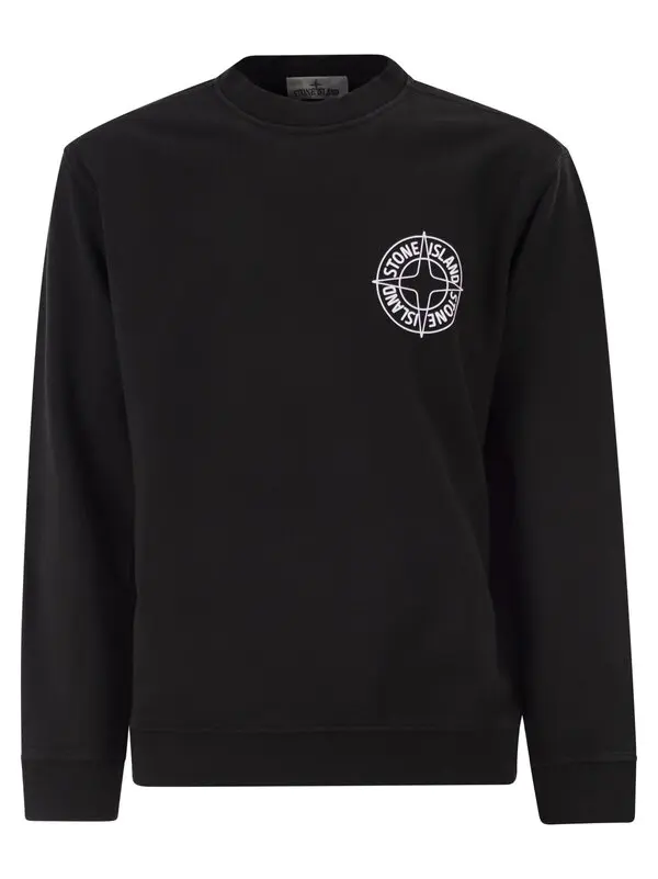 Stone Island Oversized Crew Neck Sweatshirt With “outline Compass” Print - Black