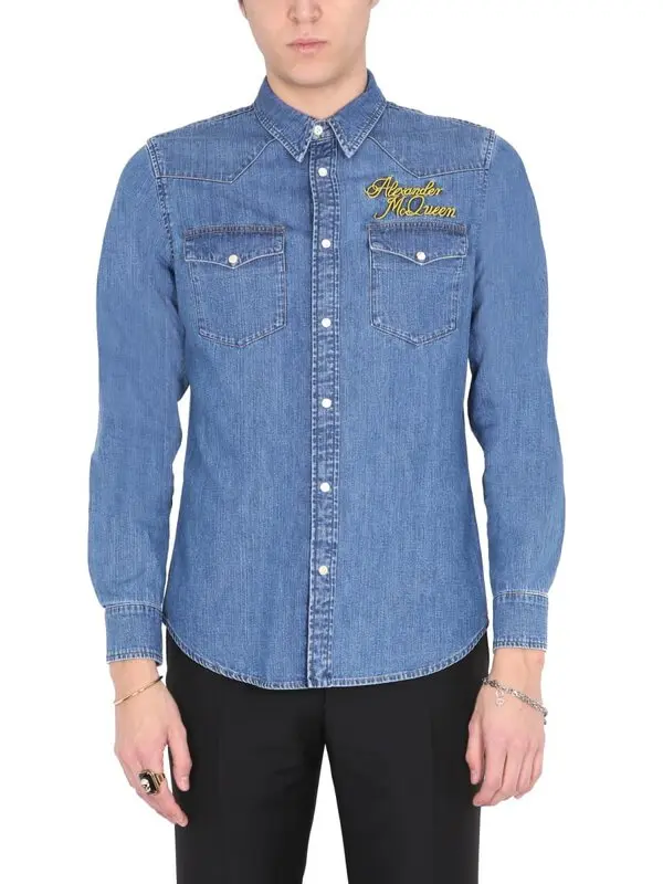 Alexander McQueen Shirt With Embroidered Logo - Blue