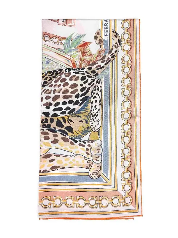 FERRAGAMO Ivory And Orange Felini-print Silk Scarf - Multicolor