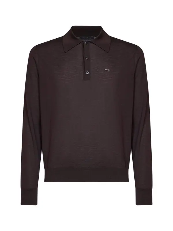 Prada Abbigliamento Dark Brown Combed Wool Long-sleeved Polo Shirt - Multicolor