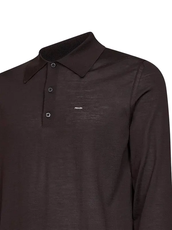Prada Abbigliamento Dark Brown Combed Wool Long-sleeved Polo Shirt - Multicolor
