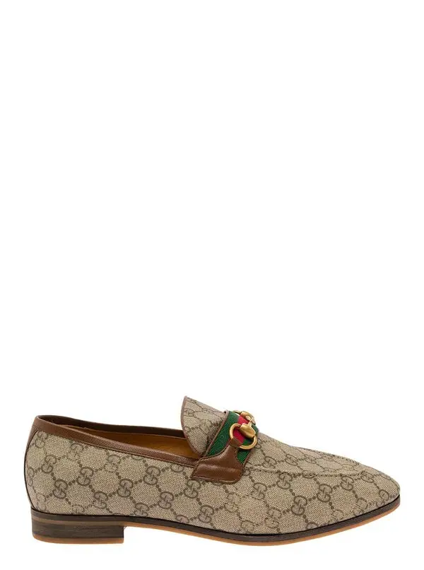 Gucci Paride' Beige Loafers With Horsebit And Web Detail In Gg Supreme Canvas - Multicolor