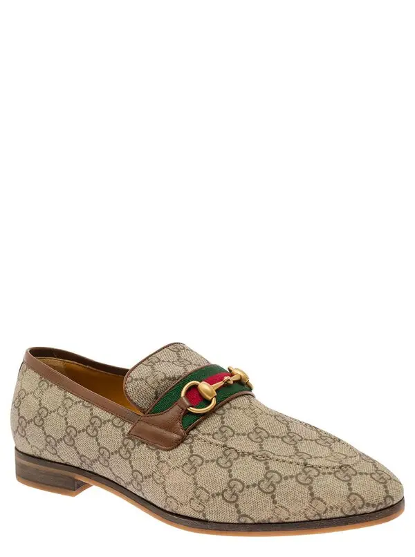 Gucci Paride' Beige Loafers With Horsebit And Web Detail In Gg Supreme Canvas - Multicolor