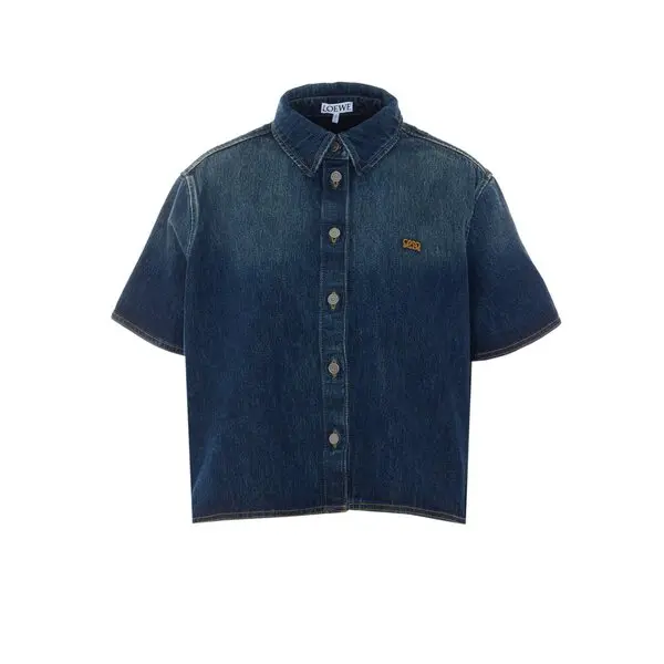 Loewe Short Sleeves Denim Trapeze Shirt With L Logo - Blue
