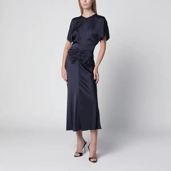 Victoria Beckham Bela Midi Dress In Midnight Satin Crêpe - Blue