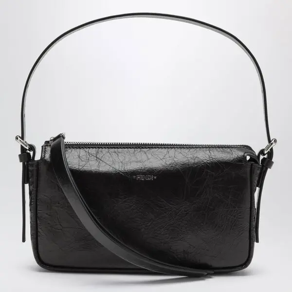 Fendi Zip Top Small In Crackled Leather Bag - Black