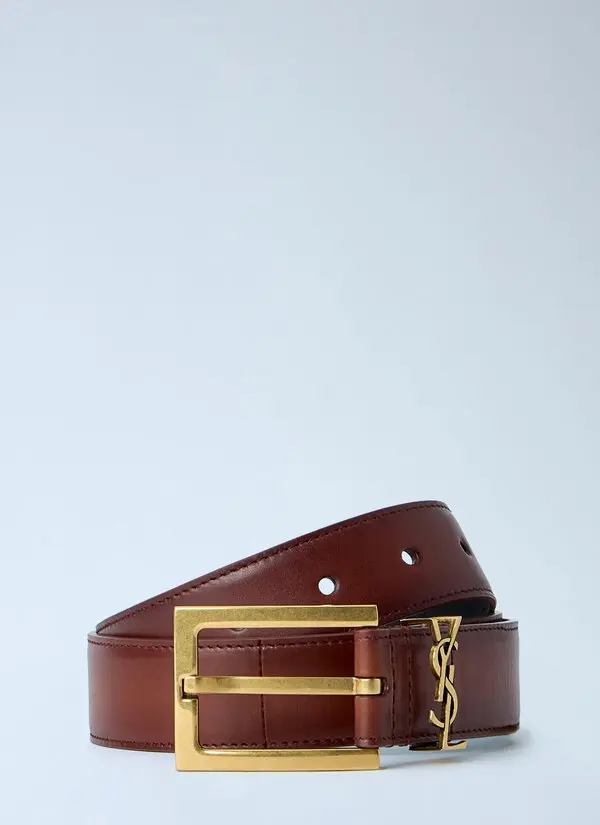 Saint Laurent Cassandre Belt In Aged Effect Leather - Brown