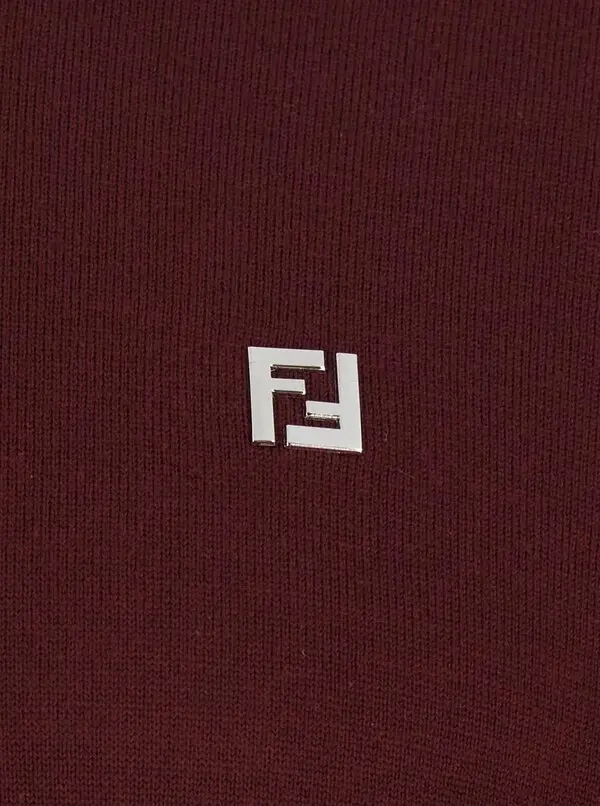 Fendi Bordeaux Long Sleeve Polo With Classic Collar And Ff Plate On The Front In Wool For - Multicolor