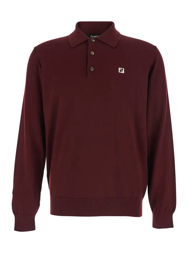 Fendi Bordeaux Long Sleeve Polo With Classic Collar And Ff Plate On The Front In Wool For - Multicolor