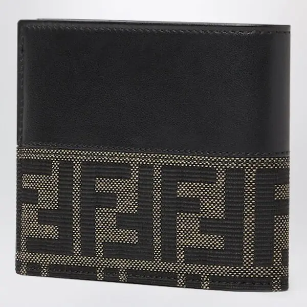 Fendi Ff Zucca Jacquard And Brown Leather Bi-fold Wallet - Black