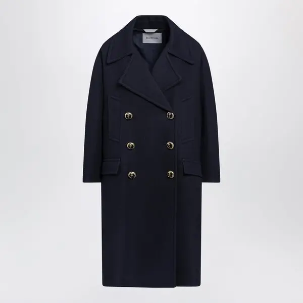 Balenciaga Textured Wool Pea Coat - Blue