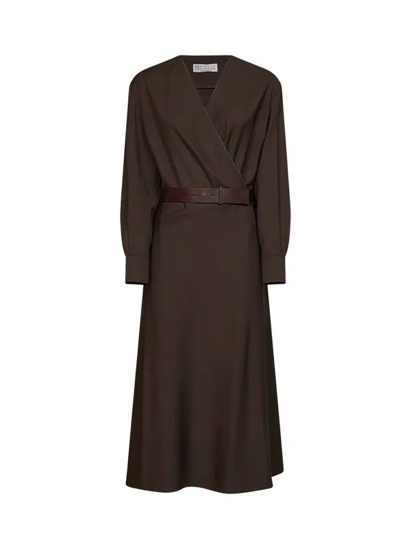 Brunello Cucinelli Stretch Canvas Belted Midi Dress - Multicolor