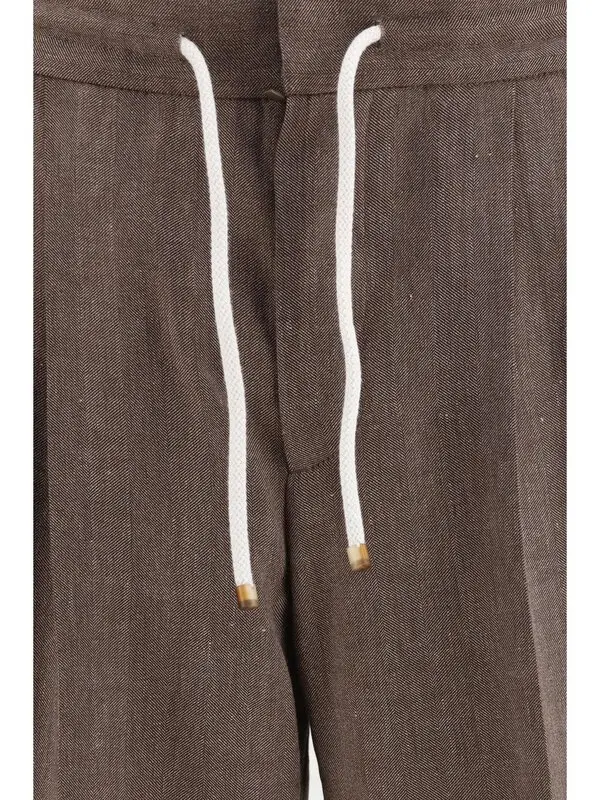 Brunello Cucinelli Herringbone Linen And Wool Trousers - Brown