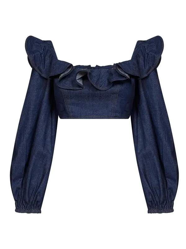 Zimmermann Ink Denim Aster Cropped Frill Top